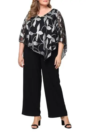 SL FASHIONS Asymmetric Capelet Wide Leg Jumpsuit - Black Silk