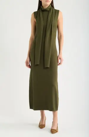 Vince Camuto Sleeveless Mock Neck Sweater Dress With Scarf - Olive