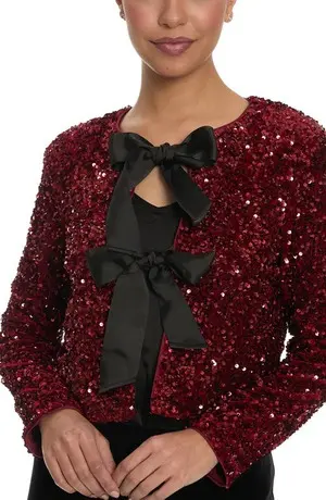 Maggy London Double Bow Sequin Jacket - Wine