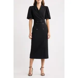 Eliza J Belted Puff Sleeve Midi Dress - Black