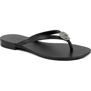 Philipp Plein Nappa Leather Crystal Skull Flip Flop Sandals - Black