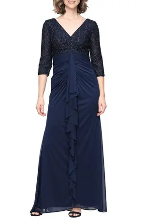 Alex Evenings Sequin Bodice Empire Waist Gown - Navy