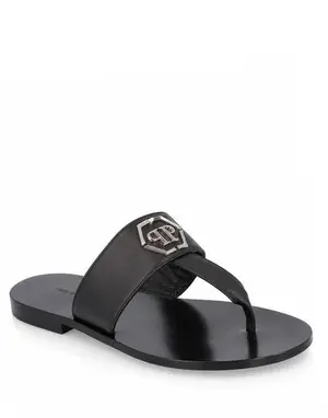 Philipp Plein Leather Flat Sandals Hexagon - Black