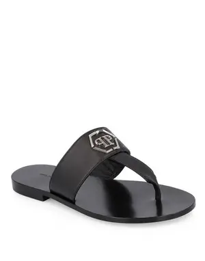 Philipp Plein Leather Flat Sandals With Hexagon Emblem - Black