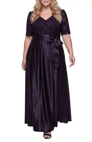 Alex Evenings Sequin Soutache Bodice Empire Waist A-line Gown - Deep Plum