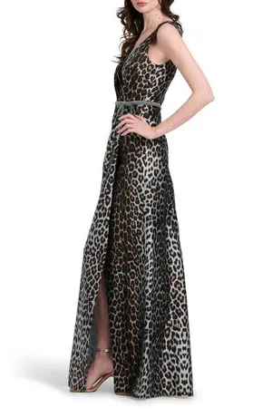 EMILY SHALANT Animal Pleated Taffeta Gown