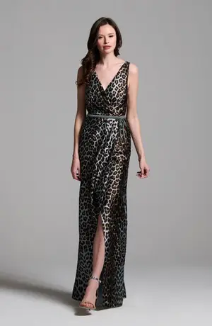 EMILY SHALANT Animal Pleated Taffeta Gown