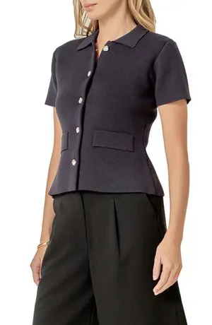 English Factory Short Sleeve Button Front Cardigan