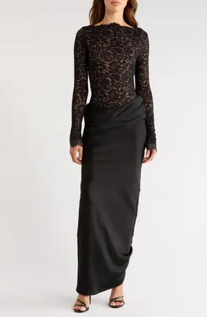House Of Cb Yasmeen Long Sleeve Lace Bodysuit & Satin Skirt Set - Black