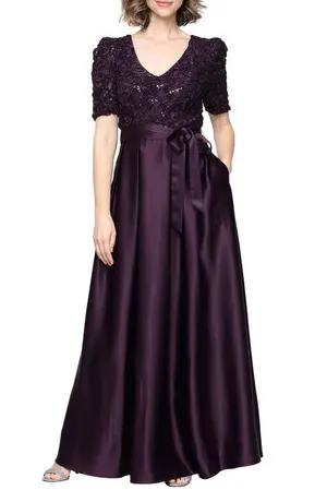 Alex Evenings Sequin Soutache Bodice Empire Waist A-line Gown - Deep Plum