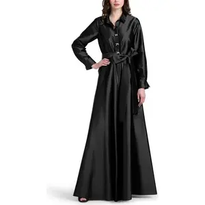 EMILY SHALANT Crystal Bow Button Long Sleeve Taffeta A-line Gown - Black