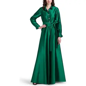 EMILY SHALANT Crystal Bow Button Long Sleeve Taffeta A-line Gown - Emerald