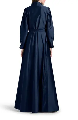 EMILY SHALANT Crystal Bow Button Long Sleeve Taffeta A-line Gown - Navy
