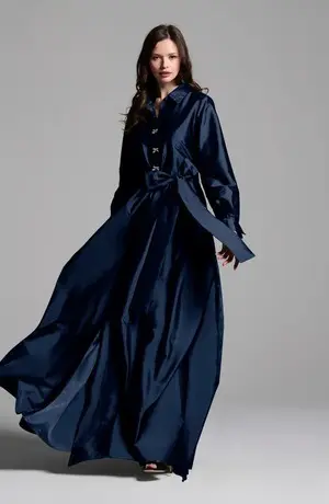 EMILY SHALANT Crystal Bow Button Long Sleeve Taffeta A-line Gown - Navy