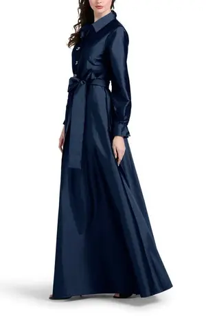EMILY SHALANT Crystal Bow Button Long Sleeve Taffeta A-line Gown - Navy