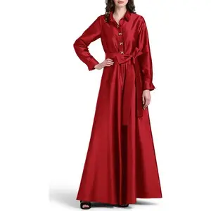 EMILY SHALANT Crystal Bow Button Long Sleeve Taffeta A-line Gown - Red