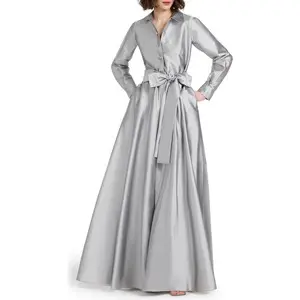 EMILY SHALANT Crystal Bow Button Long Sleeve Taffeta A-line Gown - Silver