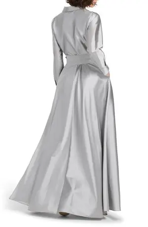 EMILY SHALANT Crystal Bow Button Long Sleeve Taffeta A-line Gown