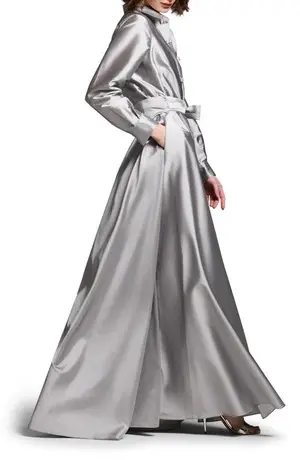 EMILY SHALANT Crystal Bow Button Long Sleeve Taffeta A-line Gown