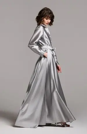 EMILY SHALANT Crystal Bow Button Long Sleeve Taffeta A-line Gown