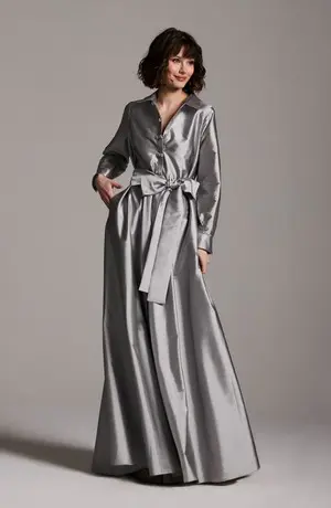 EMILY SHALANT Crystal Bow Button Long Sleeve Taffeta A-line Gown