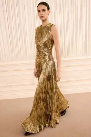Ulla Johnson Eugenia Pleated Gown In Gilded Lam - Gold