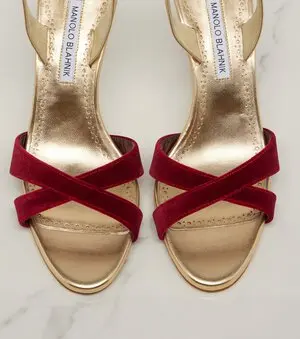 Manolo Blahnik Callydra Velvet-trimmed Leather Sandals - Gold