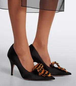 GIANVITO ROSSI Feather-trimmed Satin Pointed Toe Pumps