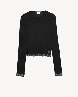 Saint Laurent Cassandre Laced Top In Ribbed Wool, Cashmere, And Silk - Noir