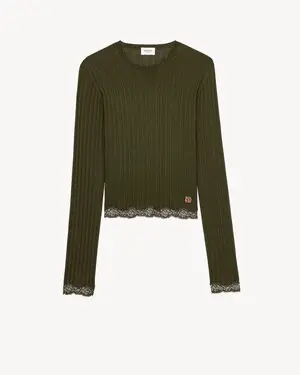 Saint Laurent Cassandre Laced Top In Ribbed Wool, Cashmere, And Silk