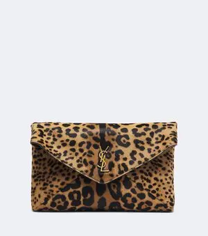 Saint Laurent Cassandre Leopard-print Calf Hair Pouch - Brown