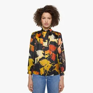 La Prestic Ouiston Silk Horse Print High Neck Blouse - Black