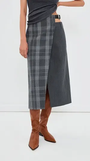 Tibi Papery Wool Plaid Double Apron Skirt - Grey Multi