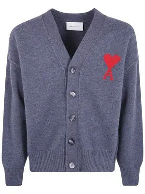 AMI Paris V-neck Cardigan With De Coeur Detail