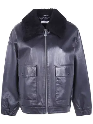 Liviana Conti Leather Bomber Jacket With Fur Collar