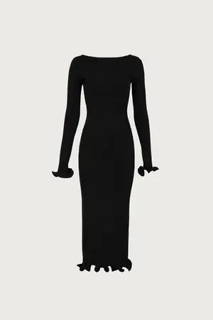 SAME Long Sleeve Ruffle Hem Midi Dress - Black