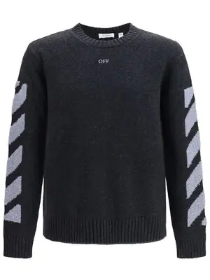 Off-White Crew Neck Sweater With Fuzzy Diagonal Pattern - Grey