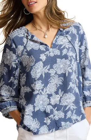 Tommy Bahama Breezy Blooms Split Neck Top - Dk Bluestone