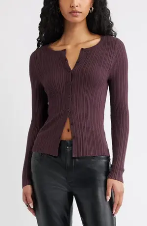OPEN EDIT Rib Cardigan - Burgundy Fudge