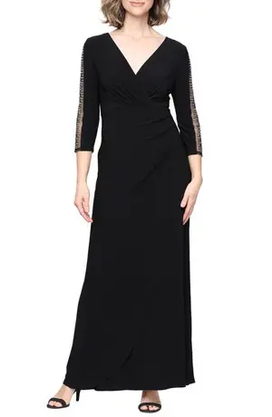 SL FASHIONS Beaded Sleeve Empire Waist Gown - Black