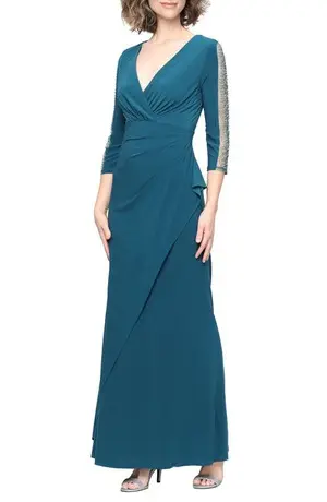 SL FASHIONS Beaded Sleeve Empire Waist Gown - Mallard
