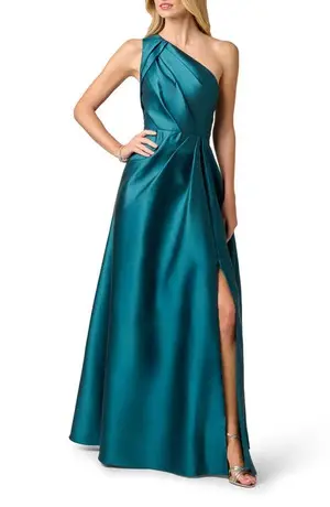 Adrianna Papell Pleated One-shoulder Mikado Gown
