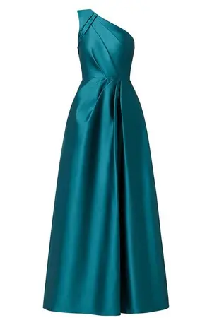 Adrianna Papell Pleated One-shoulder Mikado Gown