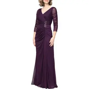 Alex Evenings Alex Evenings Pleated Chiffon Gown With Illusion Sleeves Eggplant