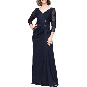 Alex Evenings Pleated Chiffon Gown With Illusion Sleeves - Navy