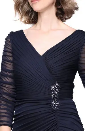 Alex Evenings Pleated Chiffon Gown With Illusion Sleeves - Navy