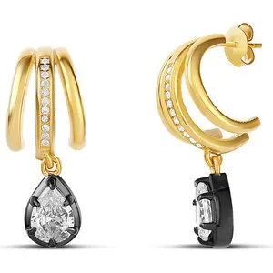 SHYMI Triple Statement Huggie Hoop Earrings With Marquise Stone Drops - Gold