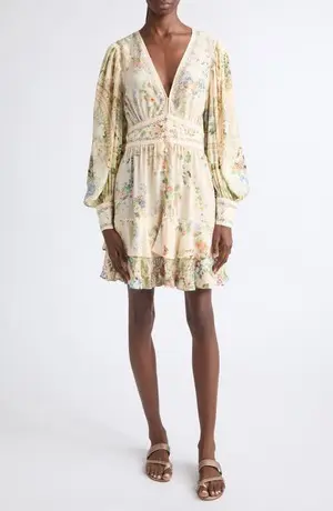 Camilla Silk Floral Print Long Sleeve Dress With Embellished Waistband - Midsummer Masterpiece