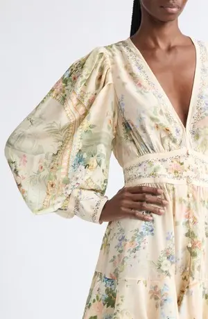 Camilla Silk Floral Print Long Sleeve Dress With Embellished Waistband