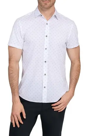 W.R.K Trim Fit Abstract Star Print Short Sleeve Performance Button-up Shirt - White/black